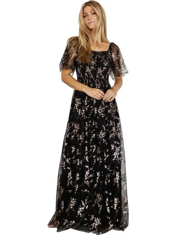 XH TEXTILES Cassandra Floral Print Tulle Maxi Dress - Metallic Black