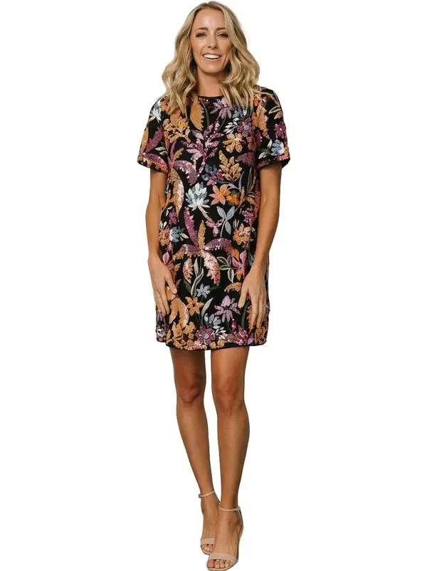 FLYING TOMATO Patricia Sequin Embroidered Short Dress - Black