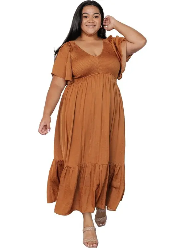 IN LOOM Lovell Smocked Midi Dress - Dark Copper