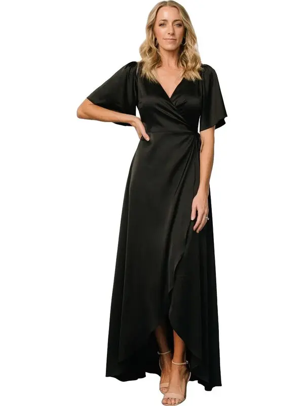 XH TEXTILES Vara Satin Maxi Wrap Dress - Black