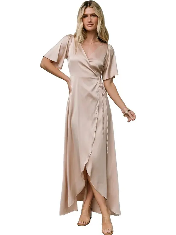 XH TEXTILES Vara Satin Maxi Wrap Dress - Champagne