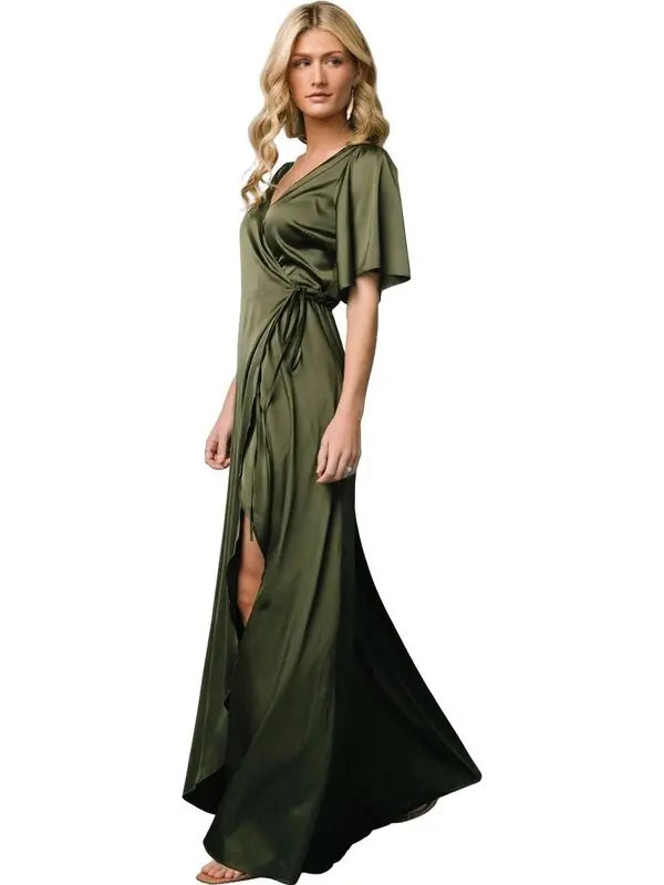 XH TEXTILES Vara Satin Maxi Wrap Dress - Juniper Green