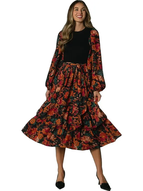 FLYING TOMATO Sylvie Tiered Midi Dress - Black Multi
