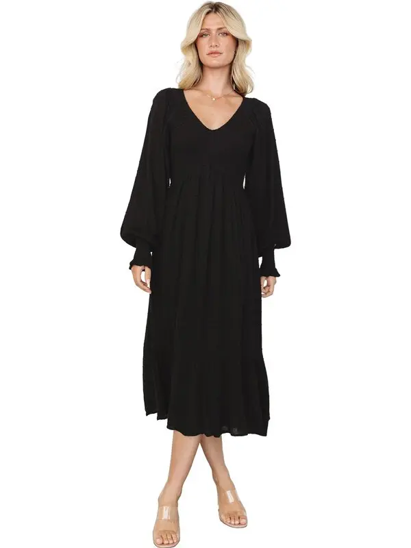 IN LOOM Lainey Smocked Dotted Midi Dress - Black