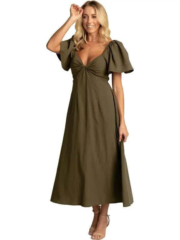 POLAGRAM Indie Back Tie Midi Dress With Sweetheart Neckline - Olive