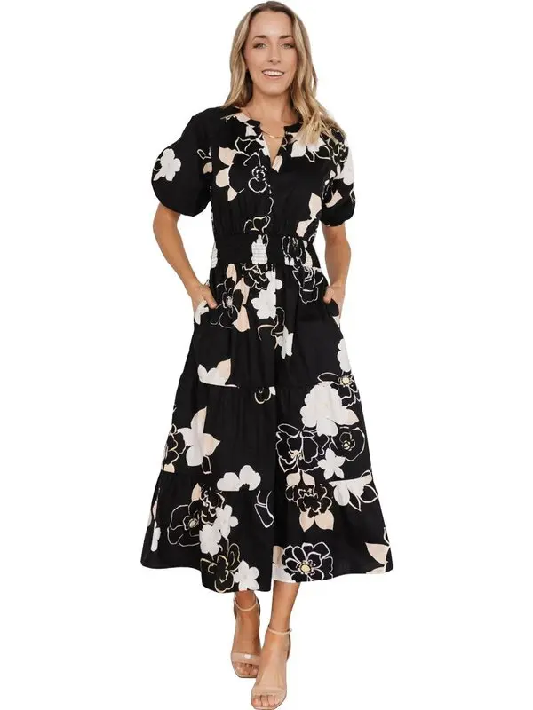 SUGAR LIPS Hacienda Tiered Midi Dress - Black Multi