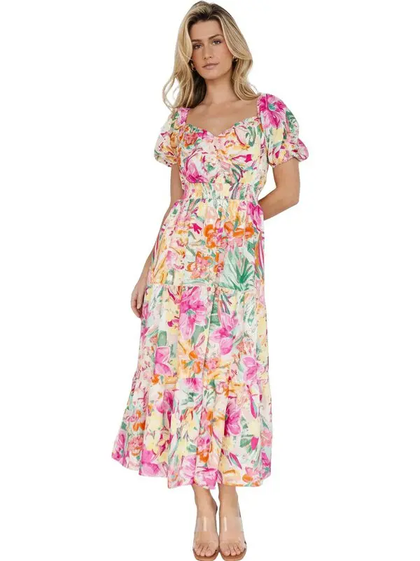 FLYING TOMATO Denzel Puff Sleeve Midi Dress - Multi Floral