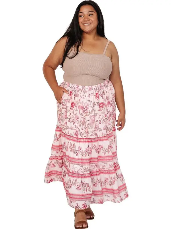 POLAGRAM Meg Tiered Floral Midi Skirt - Blush Multi