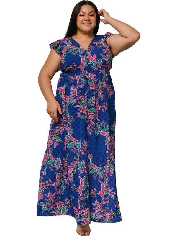 SUGAR LIPS Biscayne Maxi Dress Printed Chiffon - Indigo Print