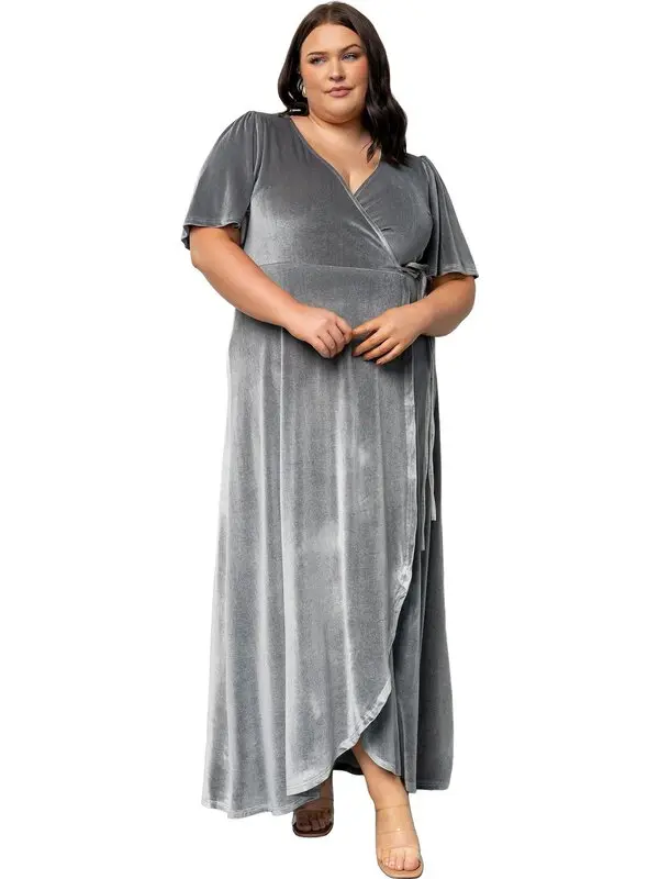 XH TEXTILES Katelyn Velvet Maxi Wrap Dress - Dusty Blue