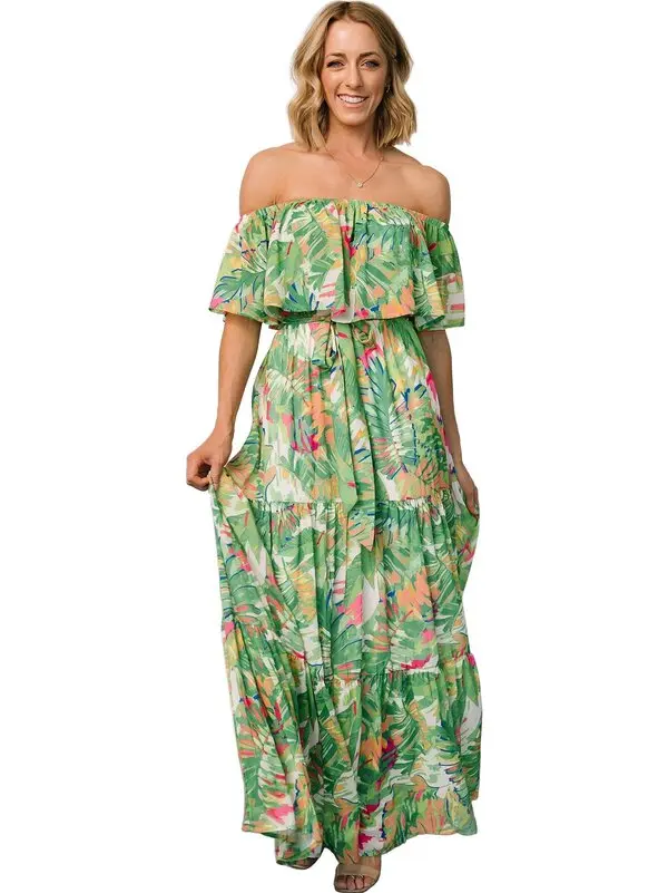 FLYING TOMATO Sonoma Off Shoulder Maxi Dress - Green Multi