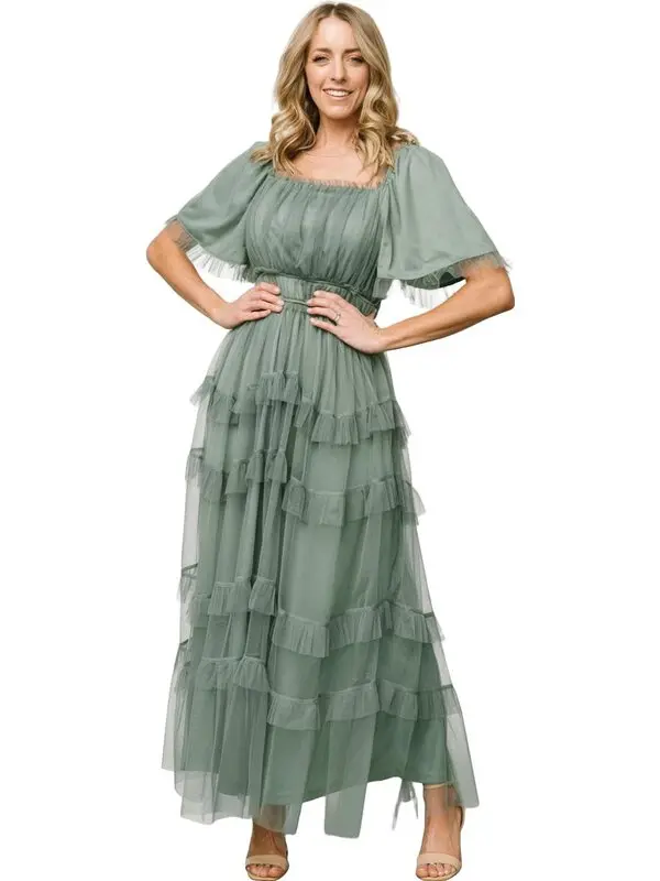 POLAGRAM Magdalena Tulle Maxi Dress - Eucalyptus