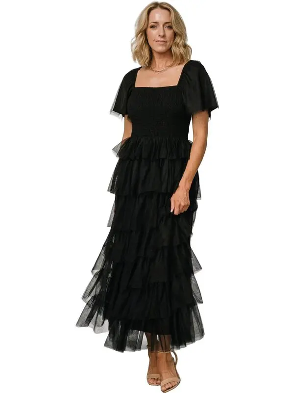 TEA N ROSE Cherise Tulle Tiered Maxi Dress - Black