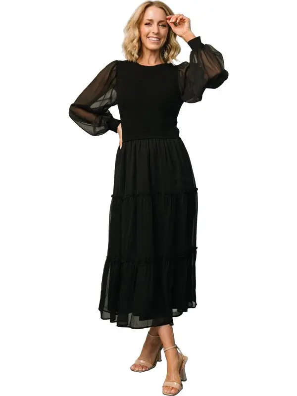 IN FEBRUARY Remi Ribbed Maxi Dress With Sheer Puff Sleeves - Black