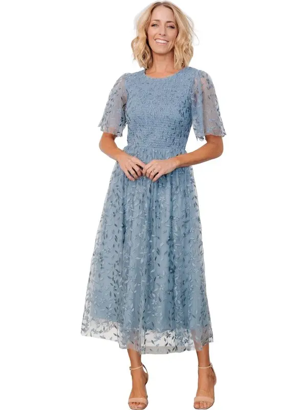 XH TEXTILES Kendra Embroidered Tulle Midi Dress - Dusty Blue