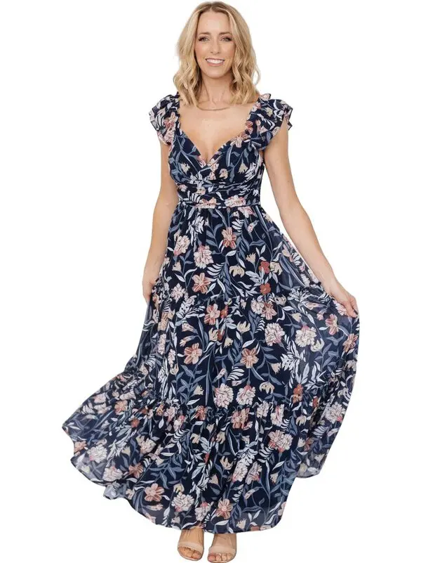 XH TEXTILES Martina Maxi Dress Romantic Floral Chiffon - Navy Multi