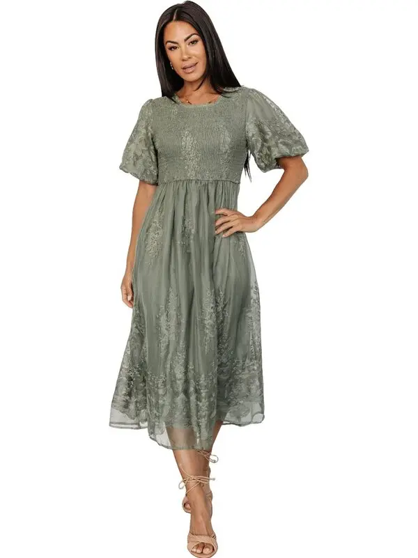TEA N ROSE Corrine Embroidered Midi Dress - Deep Sage