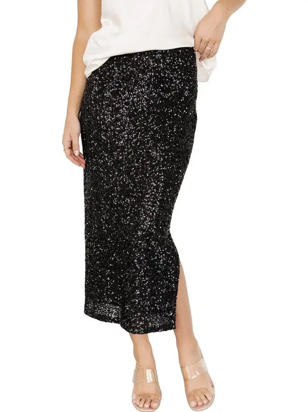 IN FEBRUARY Charmed Sequin Midi Skirt - Black