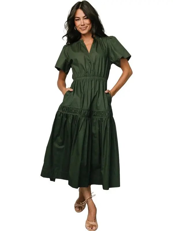 SUGAR LIPS Midi Dress With Notched V-neck And Elasticated Waist - Deep Green
