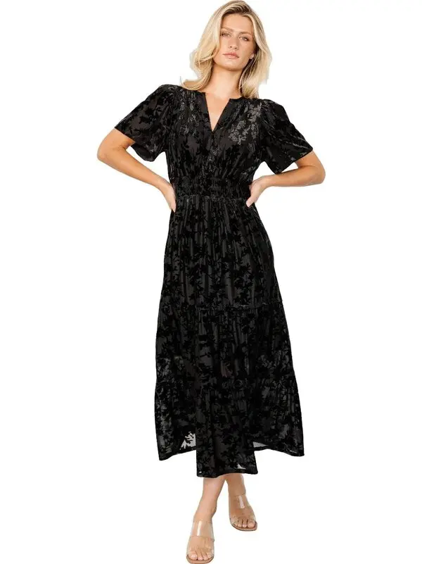 POLAGRAM Bronwyn Velvet Burnout Midi Dress - Black