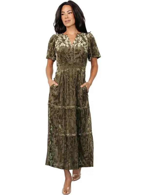 POLAGRAM Bronwyn Velvet Burnout Midi Dress - Olive