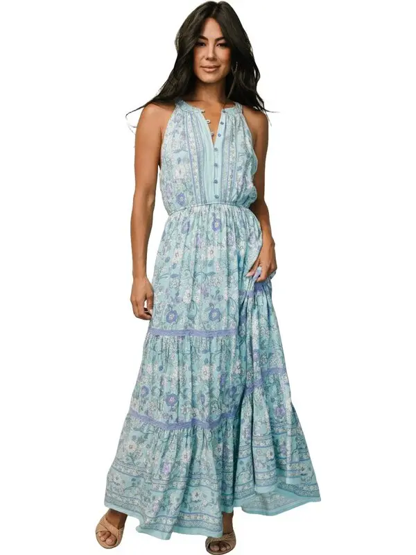 IN LOOM Meline Button Front Maxi Dress - Light Blue Multi