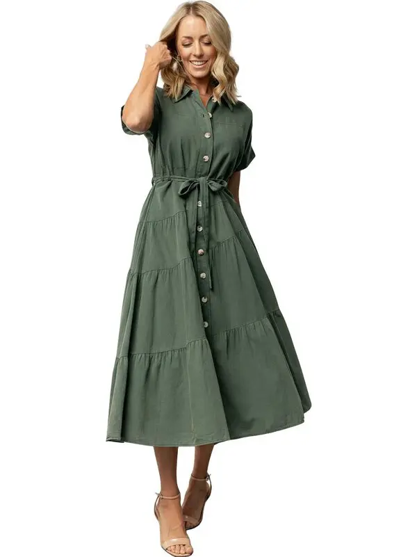 POLAGRAM Logan Button-up Tiered Midi Dress - Green