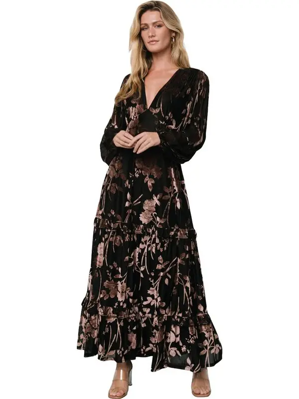 POLAGRAM Liana Velvet Burnout Embossed Maxi Dress - Black