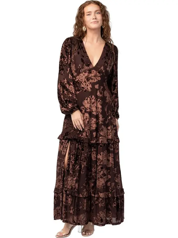 POLAGRAM Liana Velvet Burnout Maxi Dress - Brown