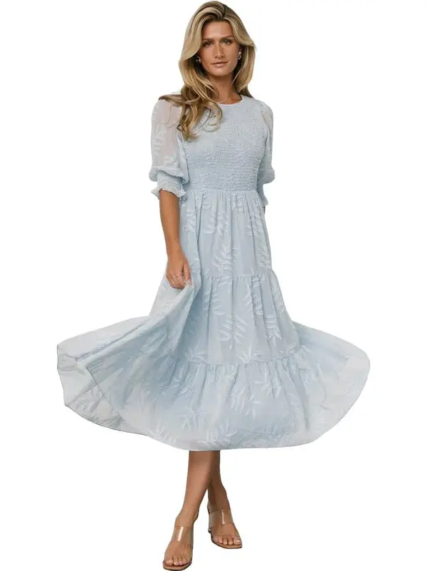 XH TEXTILES Nellie Smocked Botanical Print Midi Dress - Light Blue