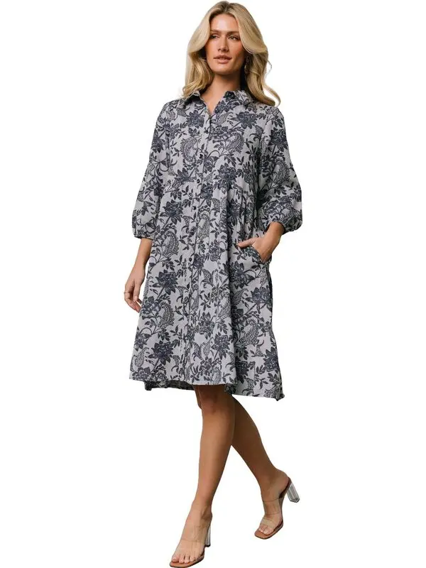 POLAGRAM Dakota Babydoll Dress With Tiered Skirt And 3/4 Sleeves - Navy Print
