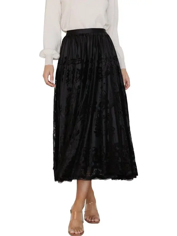 FLYING TOMATO Palini Velvet Burnout Midi Skirt - Black