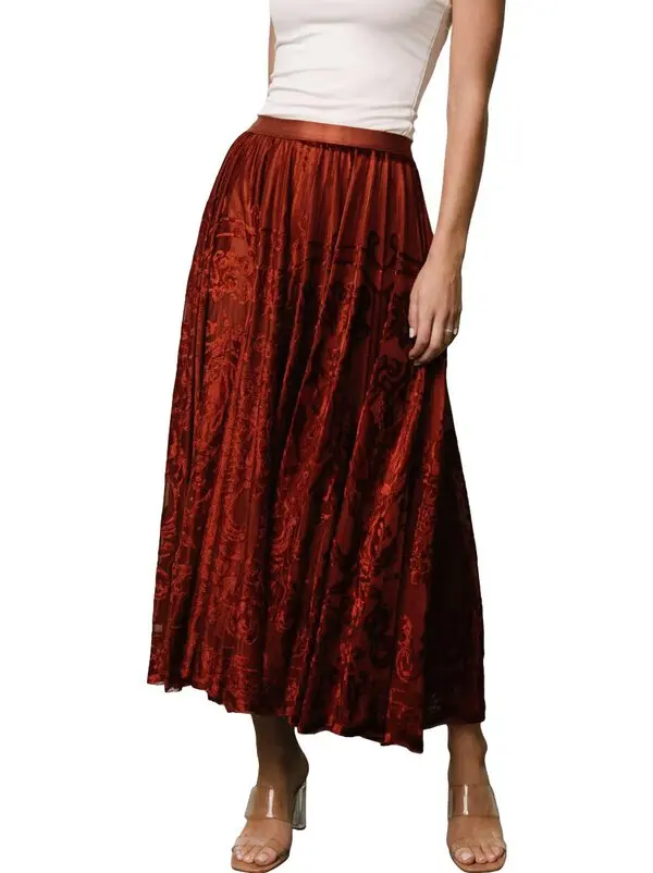 FLYING TOMATO Palini Velvet Burnout Midi Skirt - Rust