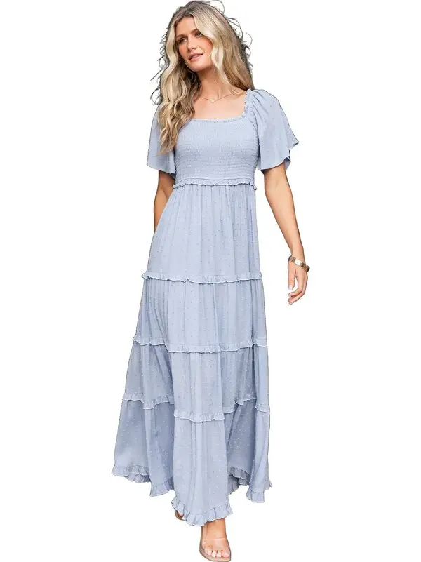 IN LOOM Lenora Smocked Dotted Maxi Dress - Dusty Blue