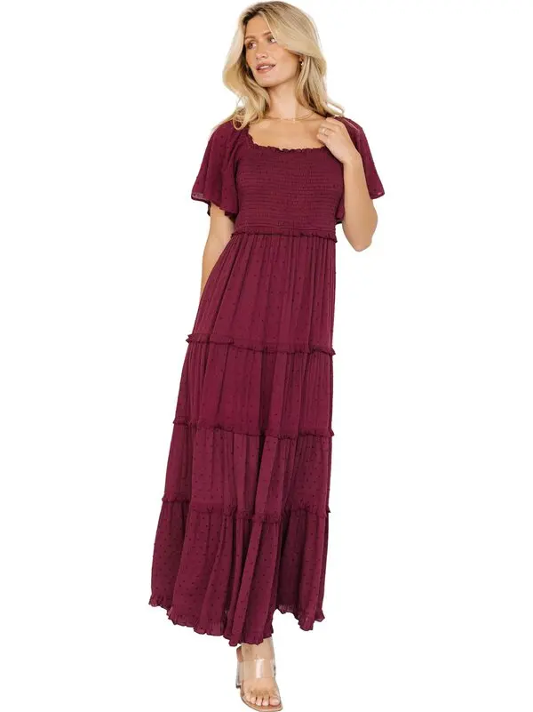 IN LOOM Lenora Smocked Dotted Maxi Dress - Wine