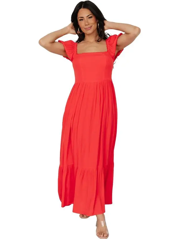 IN LOOM Ilona Maxi Dress With Square Neckline And Tiered Skirt - Cherry Red