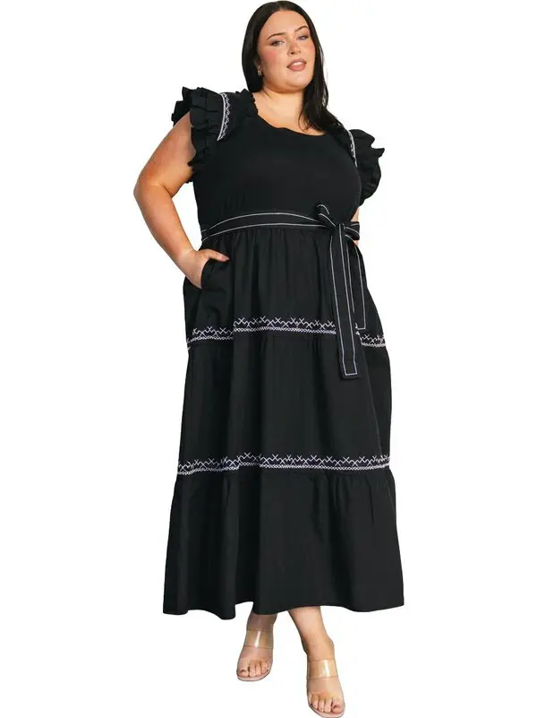 POLAGRAM Elisa Embroidered Midi Dress - Black