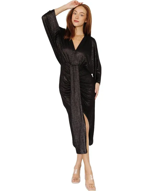 DRESS FORUM Ciara Ruched Midi Dress - Black Metallic