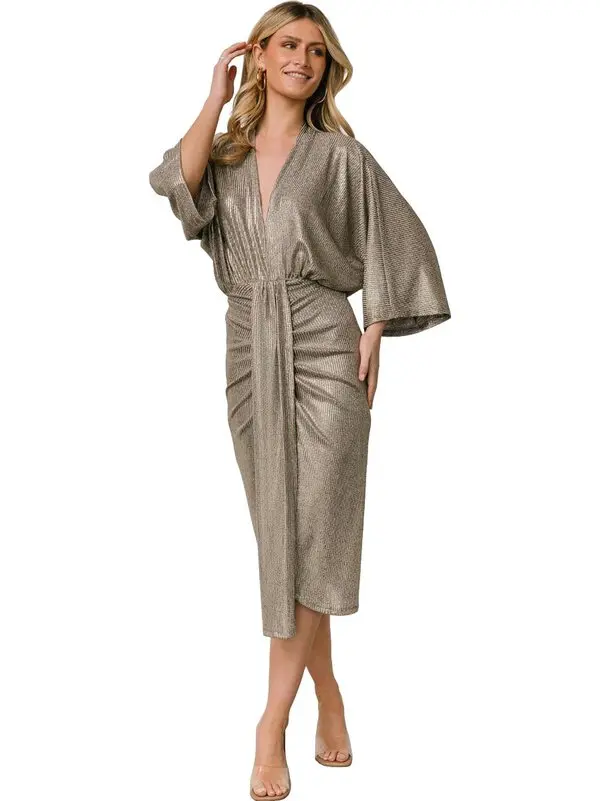 DRESS FORUM Ciara Ruched Midi Dress - Silver Metallic