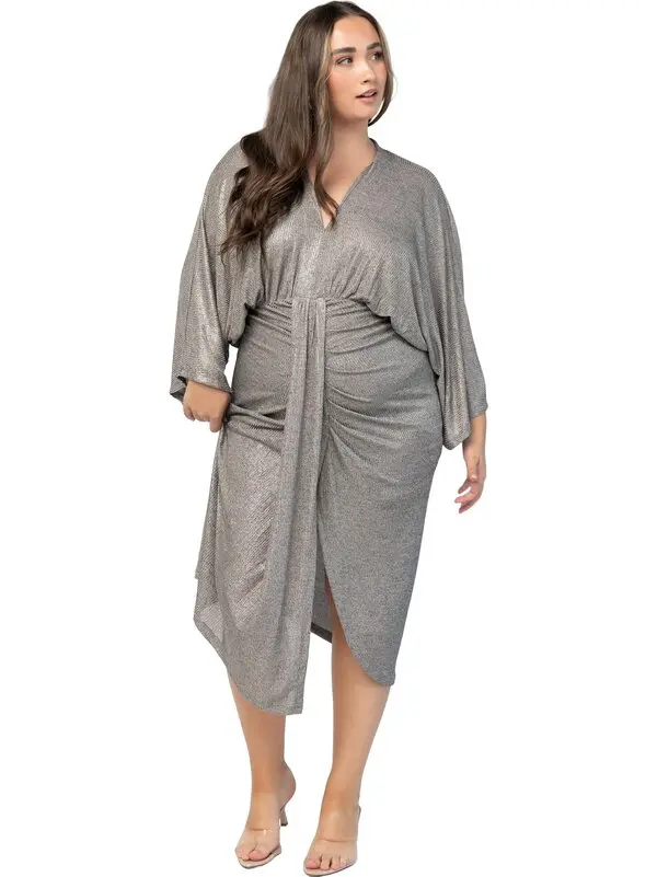 DRESS FORUM Ciara Ruched Midi Dress - Silver Metallic