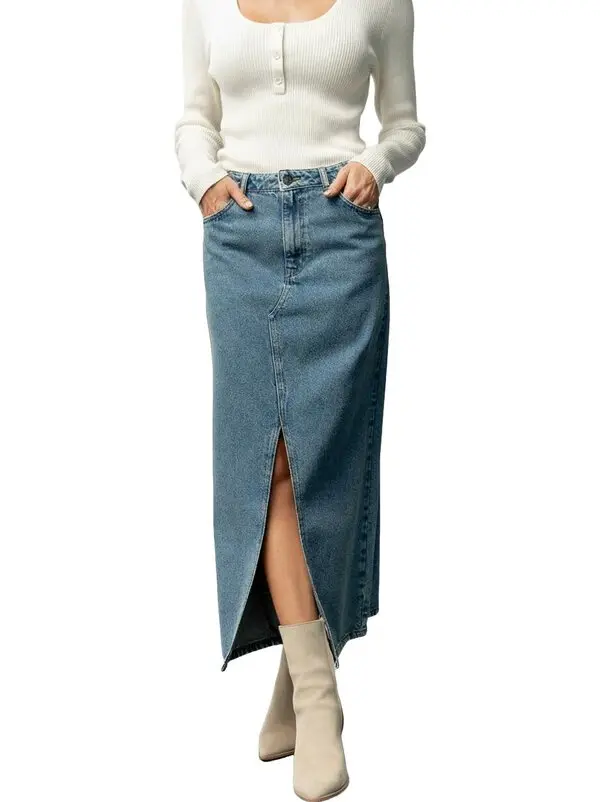 TEKSPARK Aleksa Denim Midi Skirt With Slit - Medium Wash