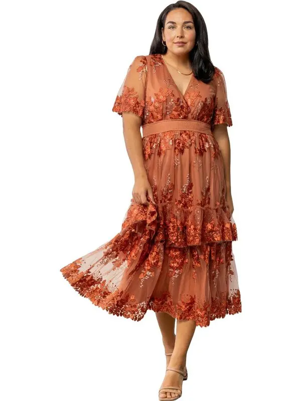 TEA N ROSE Lotte Embroidered Midi Dress - Rust