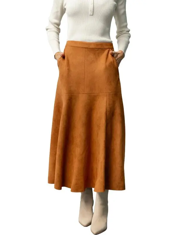 IN FEBRUARY Tona Faux Suede A-line Midi Skirt - Camel