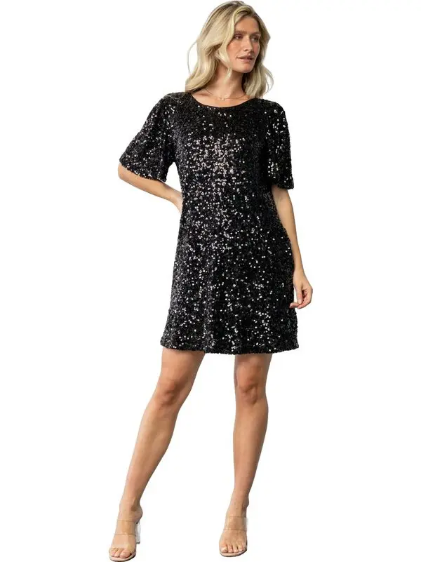 IN FEBRUARY Asta Sequin Shift Dress - Black