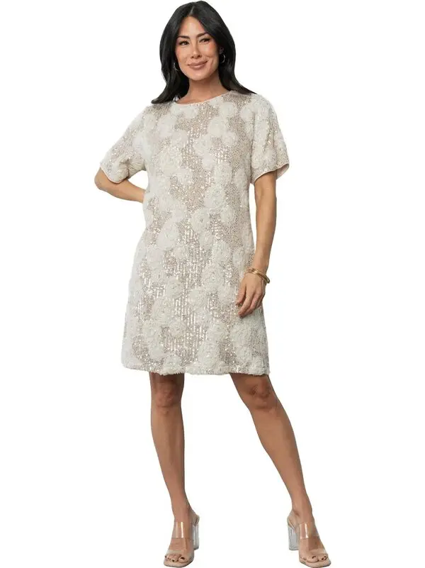 IN FEBRUARY Rhea Sequin Appliqué Floral Dress - Ivory