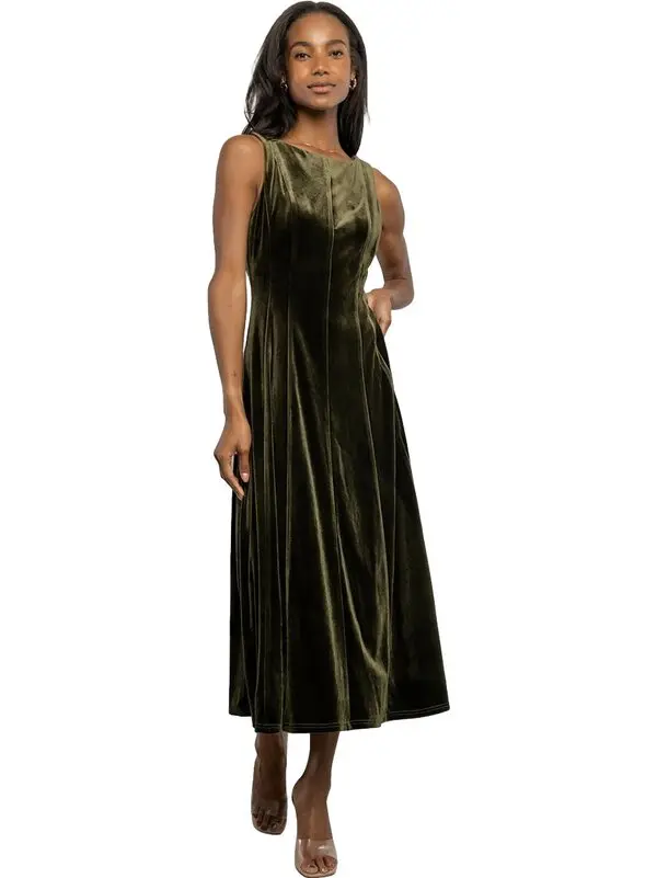 FLYING TOMATO Velvet Midi Dress - Olive