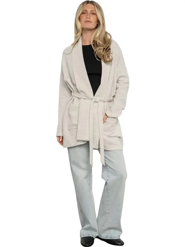 GILLI Clairemont Waffle Knit Belted Cardigan - Light Gray