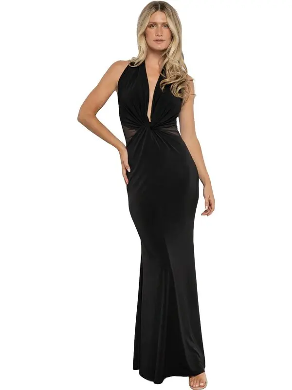 KANER Roma Deep V Halter Gown - Black