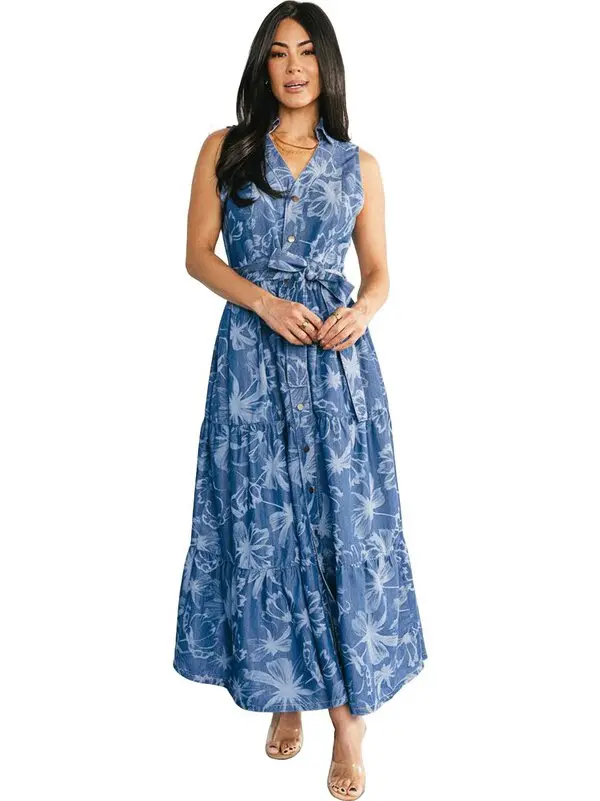 TEKSPARK Rocío Soft Denim Maxi Dress With Floral Print - Blue Print