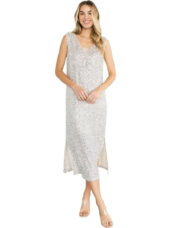 IN FEBRUARY Marissa Sequin Midi Dress With Floral Appliqués - Champagne